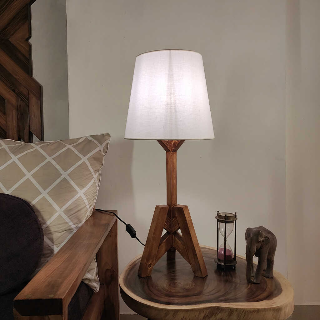 Buy Troika Wooden Table Lamp with Brown Base and Premium White Fabric ...